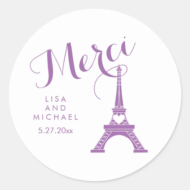 Purple and White Paris Eiffel Tower Wedding Merci Classic Round Sticker ...