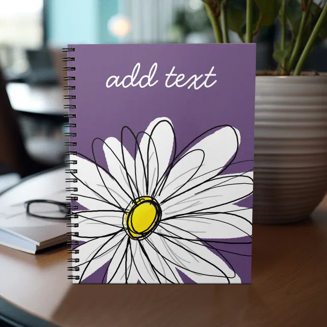 Purple and Yellow Whimsical Daisy Custom Text Notebook | Zazzle