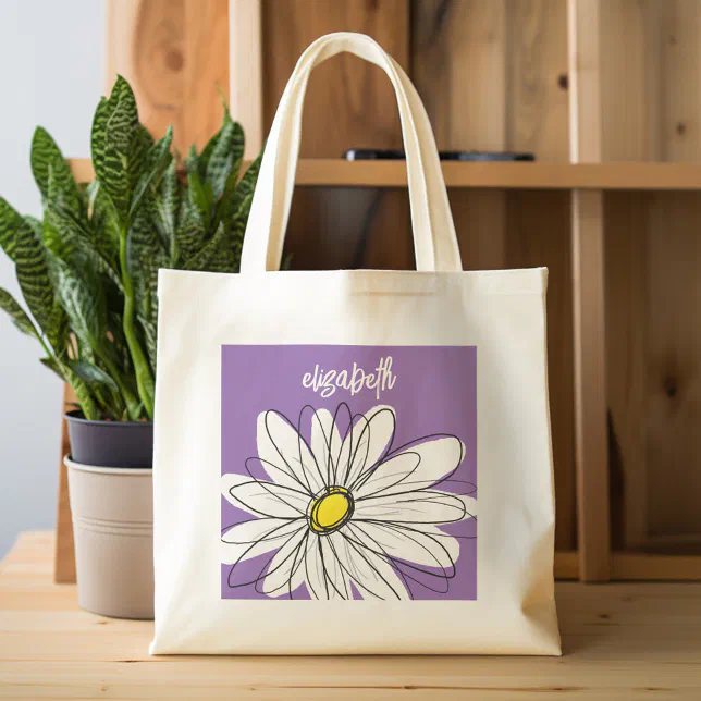 Purple and Yellow Whimsical Daisy Custom Text Tote Bag | Zazzle