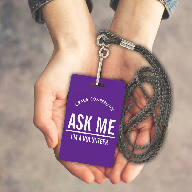 Purple Ask me I'm a volunteer id badge | Zazzle