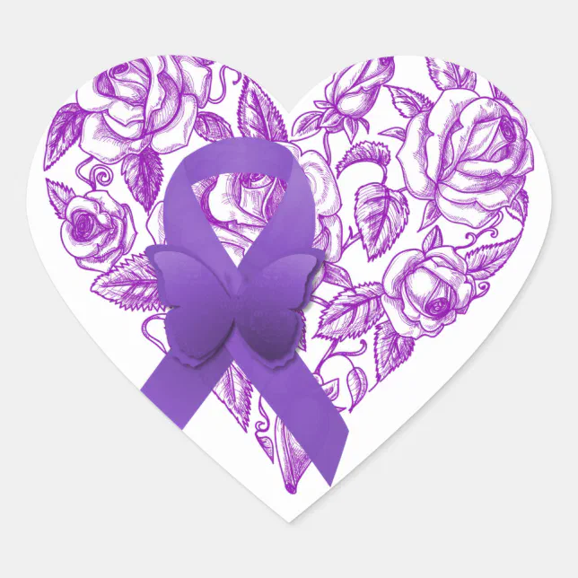 Purple Awareness Ribbon with Roses Heart Sticker | Zazzle