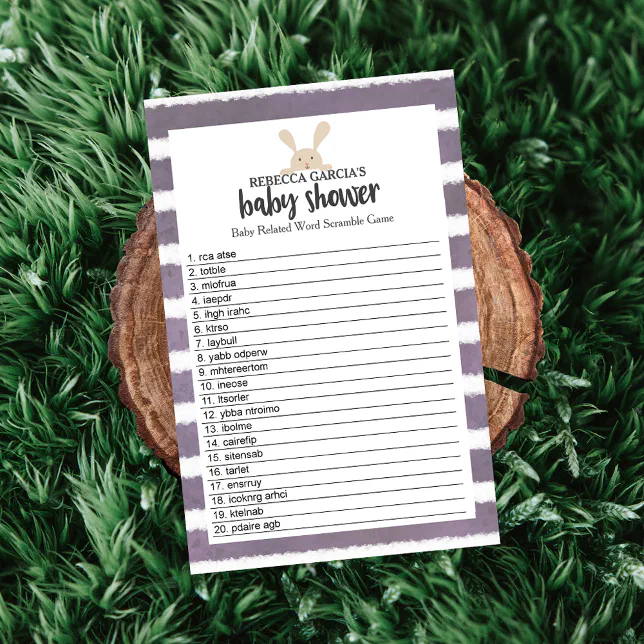 Purple Baby Shower Bunny Word Scramble Game | Zazzle