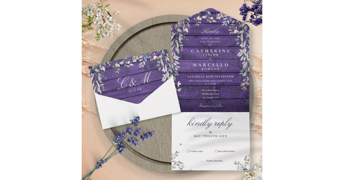 Purple Barn Wood Floral Greenery Cascade Wedding All In One Invitation | Zazzle
