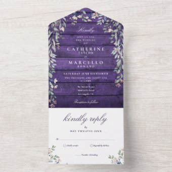 Purple Barn Wood Floral Greenery Cascade Wedding All In One Invitation | Zazzle