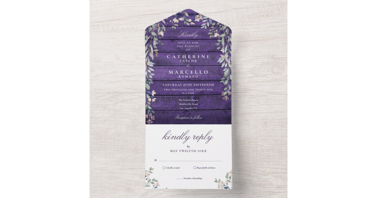 Purple Barn Wood Floral Greenery Cascade Wedding All In One Invitation | Zazzle
