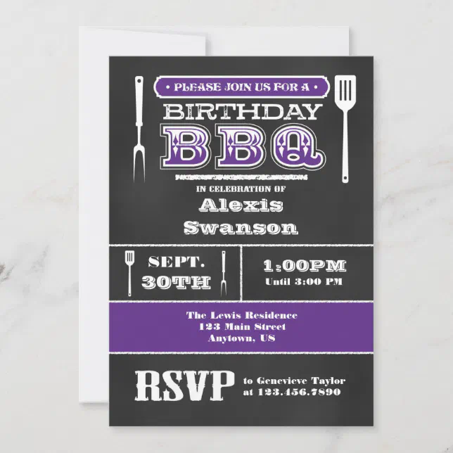 Purple BBQ Birthday Chalkboard Invitation | Zazzle