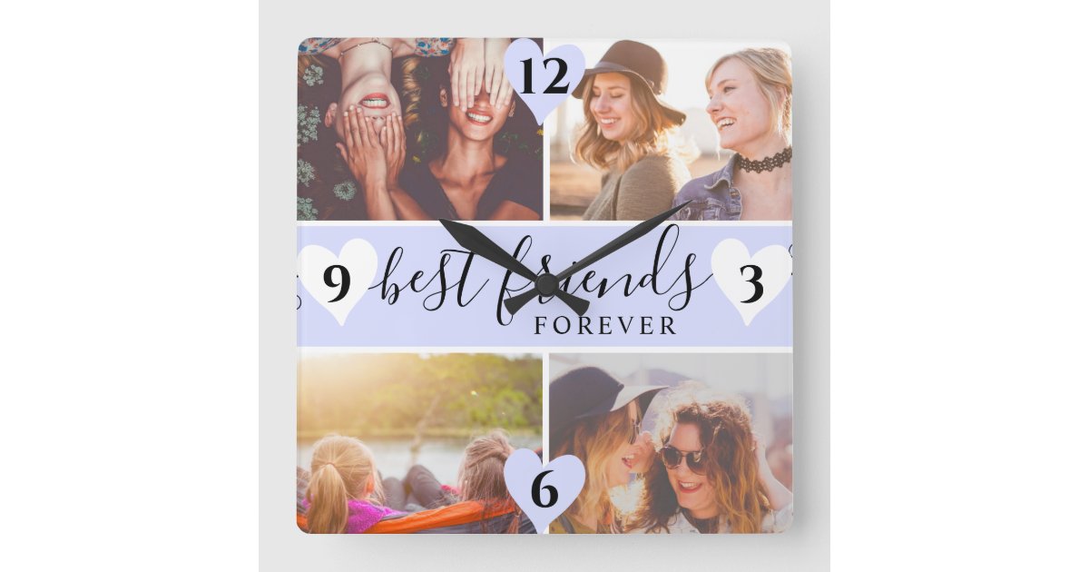 purple best friends script name 4 photo collage square wall clock | Zazzle