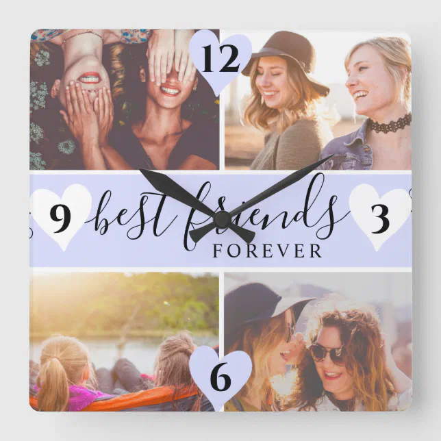 purple best friends script name 4 photo collage square wall clock | Zazzle