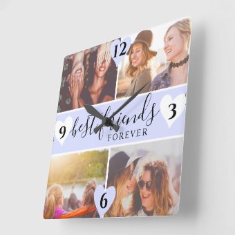 purple best friends script name 4 photo collage square wall clock | Zazzle