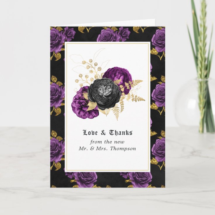Purple, Black and Gold Floral Gothic Wedding Photo Thank You Card | Zazzle