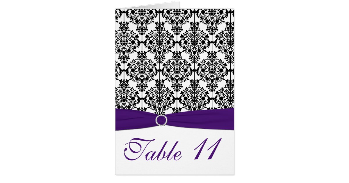 Purple, Black and White Damask Table Number Card | Zazzle