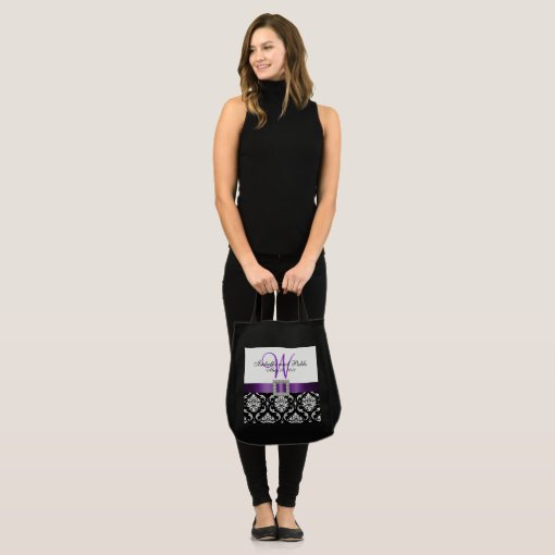Purple, Black Damask Personalized Wedding Tote Bag | Zazzle