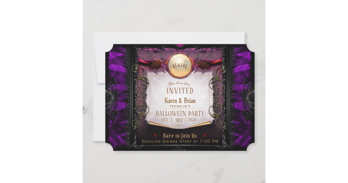 Purple & Black Elegant Halloween Party Note Invitation | Zazzle