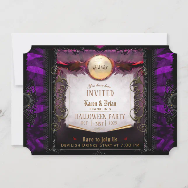 Purple & Black Elegant Halloween Party Note Invitation | Zazzle