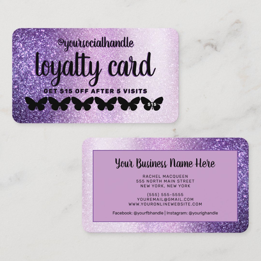 Purple Black Glitter Butterfly Customer Discount Loyalty Card | Zazzle