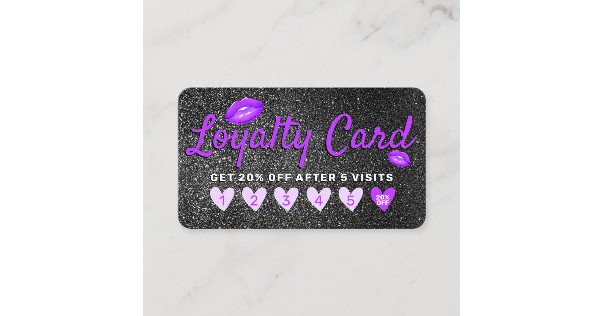 Purple Black Glitter Lips Hearts Customer Discount Loyalty Card | Zazzle