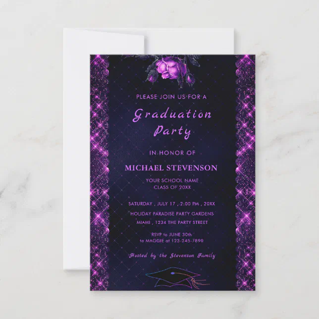 Purple Black Glitter Sparkly Graduation Invitation | Zazzle