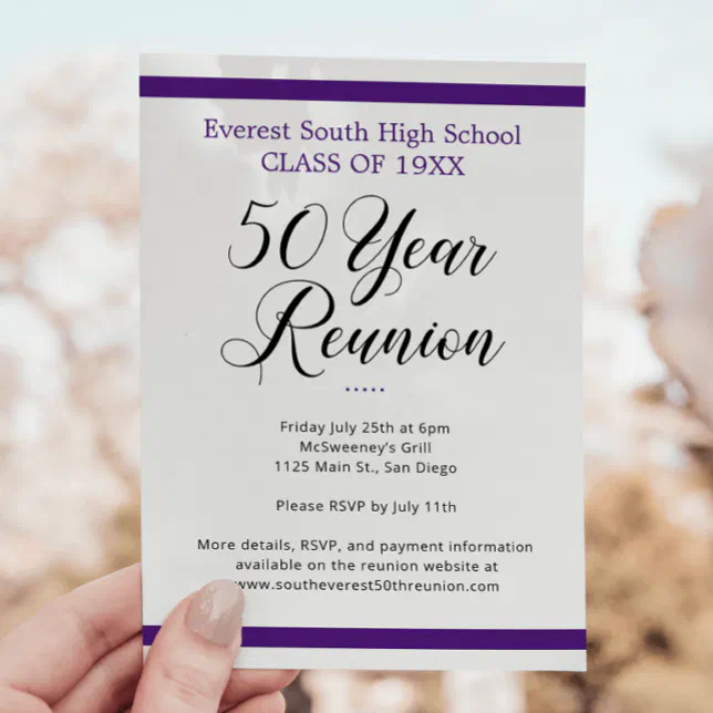 Purple Black Minimalist 50 Year Class Reunion Invitation | Zazzle