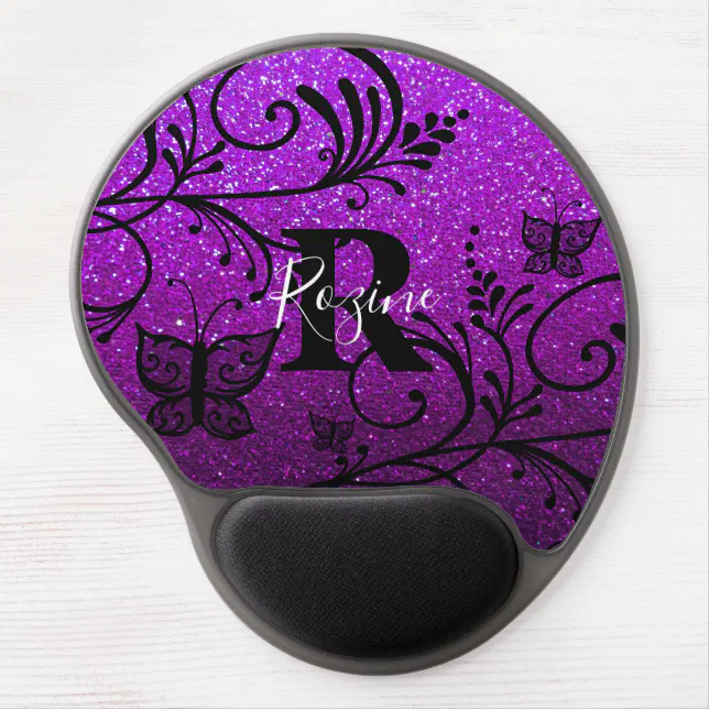Purple Black Ombre Glitter Butterfly Floral Flower Gel Mouse Pad | Zazzle