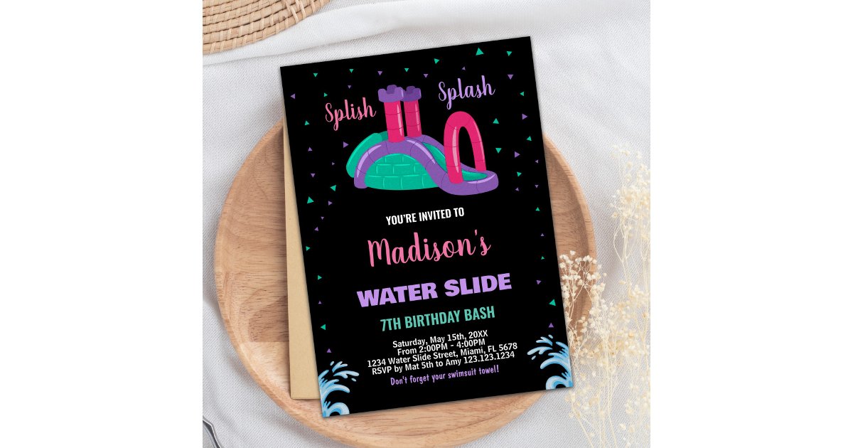 Purple Black Pink Water Slide Birthday Invitations | Zazzle