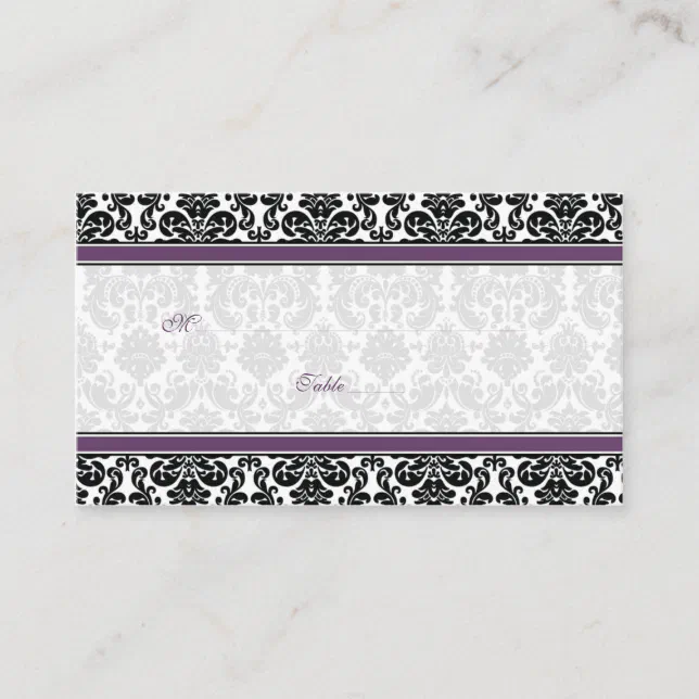 Purple, Black, White Damask Wedding Place Cards | Zazzle