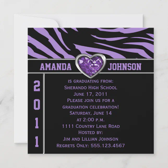 Purple Black Zebra Purple and Silver Heart Jewel Invitation | Zazzle