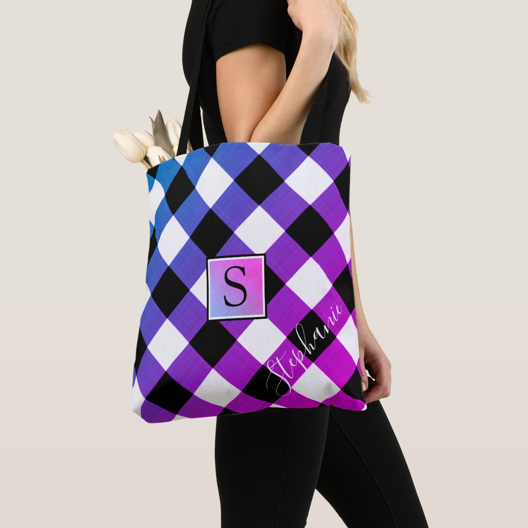 Purple Blue and Pink Buffalo Check Plaid Monogram Tote Bag | Zazzle