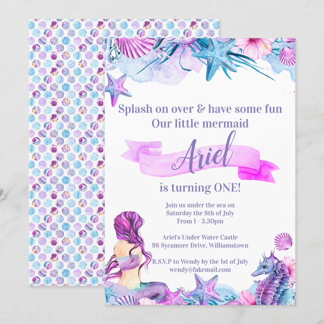 Purple, Blue and Pink Mermaid Birthday Invitation | Zazzle