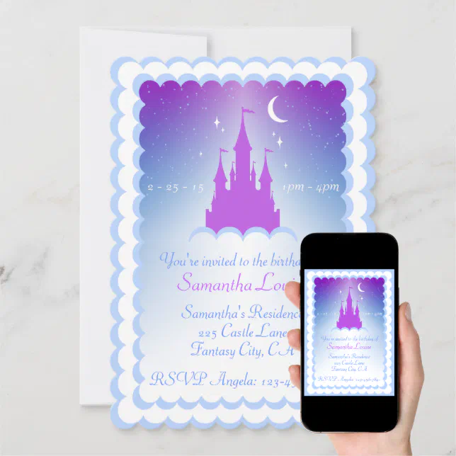 Purple Blue Dream Castle In The Clouds Birthday Invitation | Zazzle