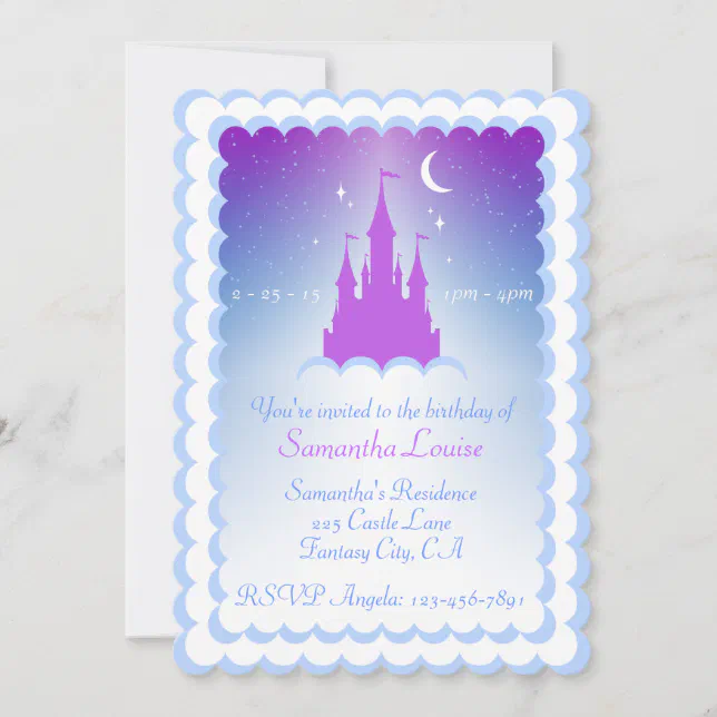 Purple Blue Dream Castle In The Clouds Birthday Invitation | Zazzle