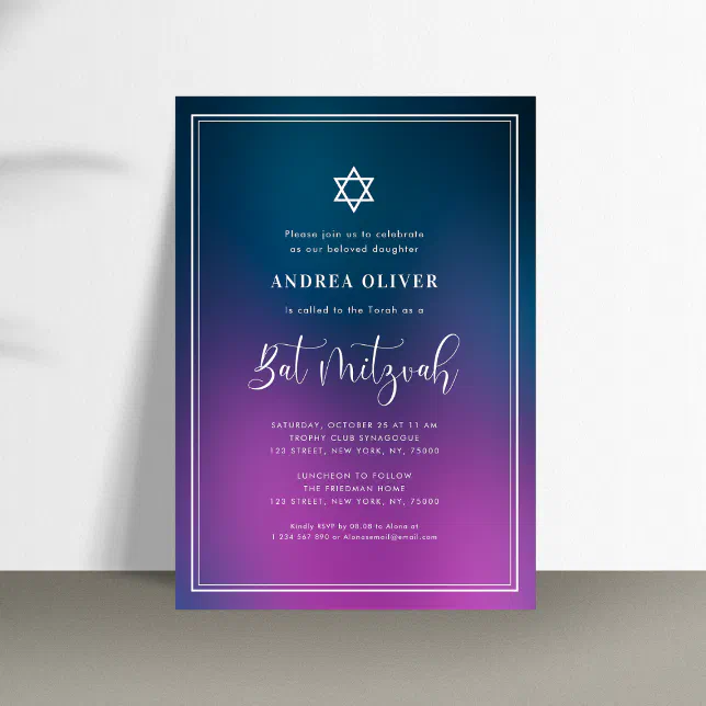 Purple Blue Gradient & Frame Bat Mitzvah Party Invitation | Zazzle