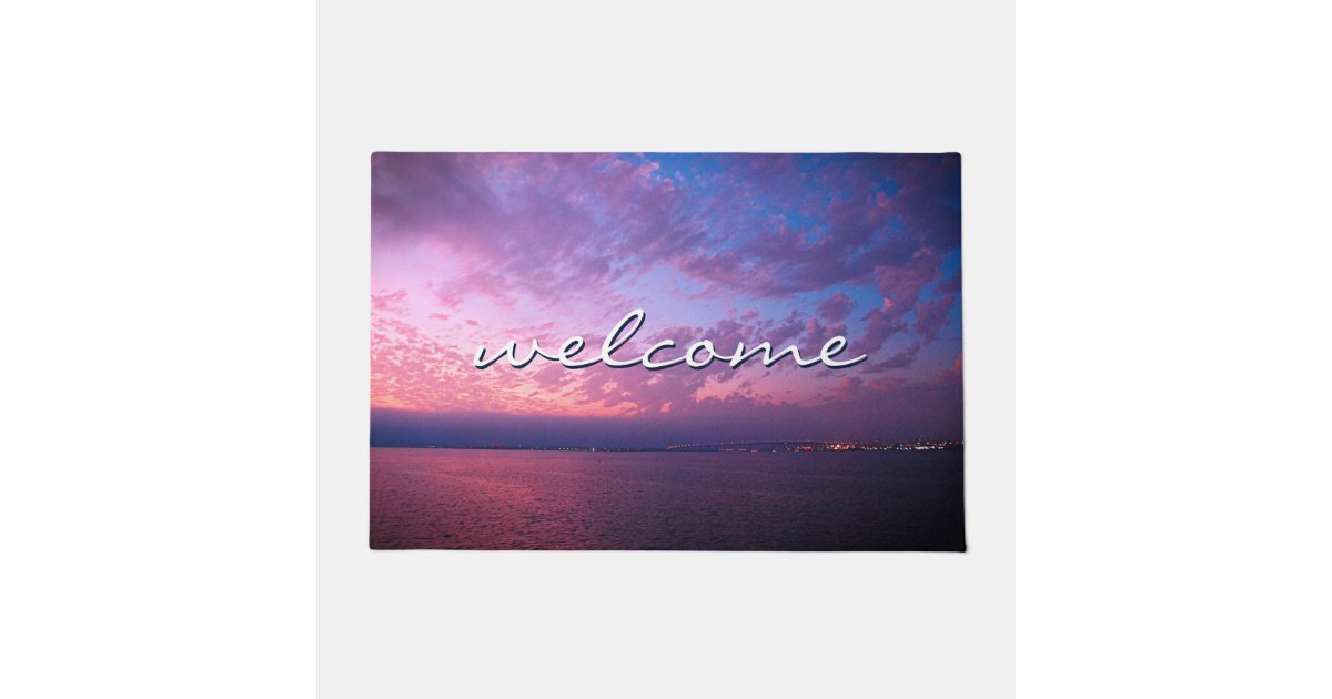 Purple Blue Ocean Sunset Photo Welcome Script Doormat | Zazzle