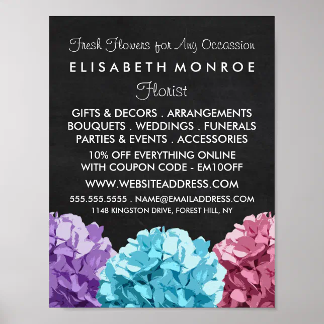 Purple, Blue & Pink Hydrangea Chalkboard Floristry Poster | Zazzle