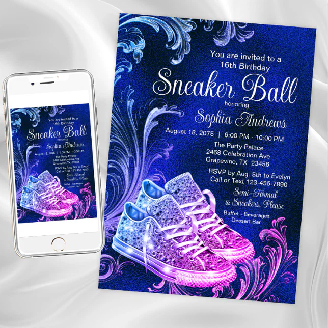 Purple Blue Sneaker Ball Birthday Party Invitation | Zazzle