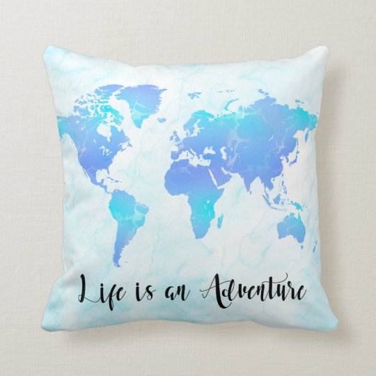 Purple & Blue World Map Life is an Adventure Throw Pillow | Zazzle.com