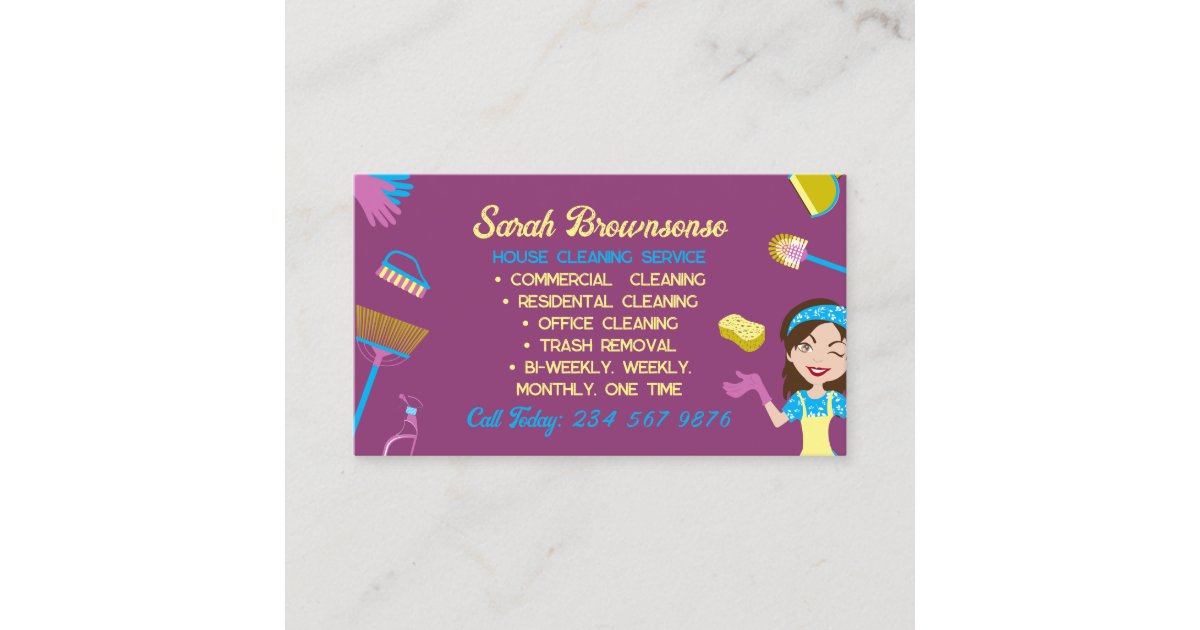 Purple Blue Yellow Housekeeper cleaning Janitorial Business Card | Zazzle
