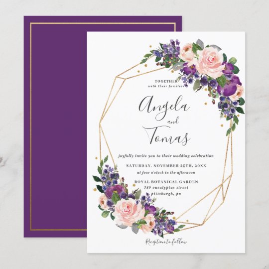 Purple Blush Floral Wedding Geometric Gold Frame Invitation | Zazzle.com