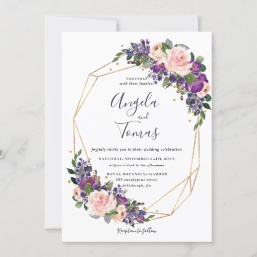 Purple Blush Floral Wedding Geometric Gold Frame Invitation | Zazzle