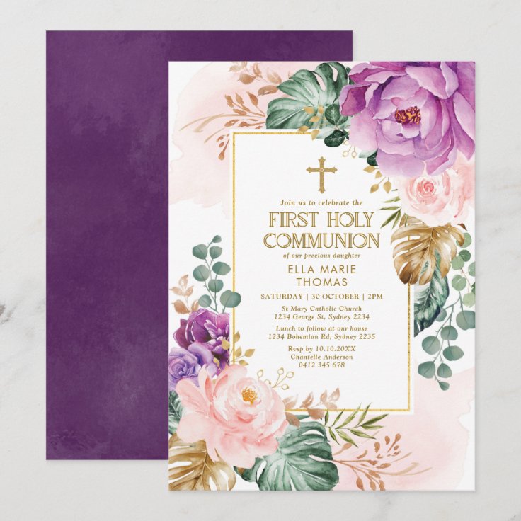 Purple Blush Gold Bohemian Floral First Communion Invitation | Zazzle