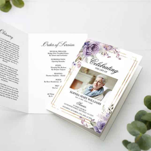 Purple & Blush Photo Memorial Funeral Programs | Zazzle