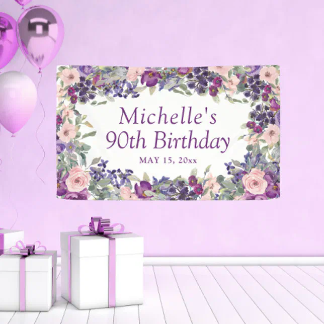 Purple Blush Pink Floral Foliage 90th Birthday Banner | Zazzle