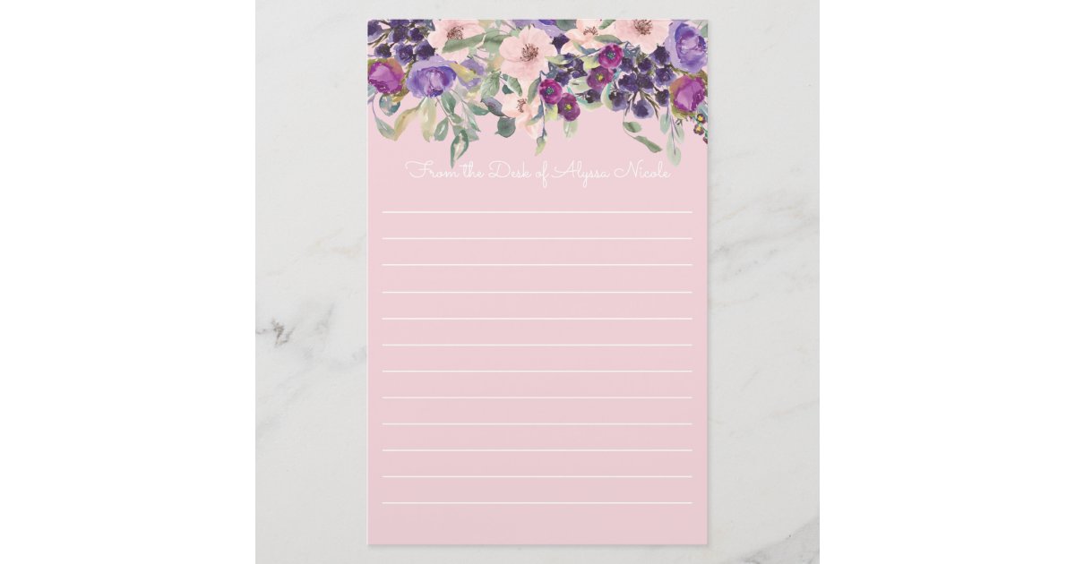 Purple Blush Pink Floral White Lined Stationery | Zazzle
