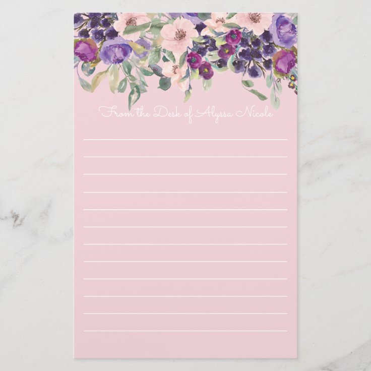Purple Blush Pink Floral White Lined Stationery | Zazzle