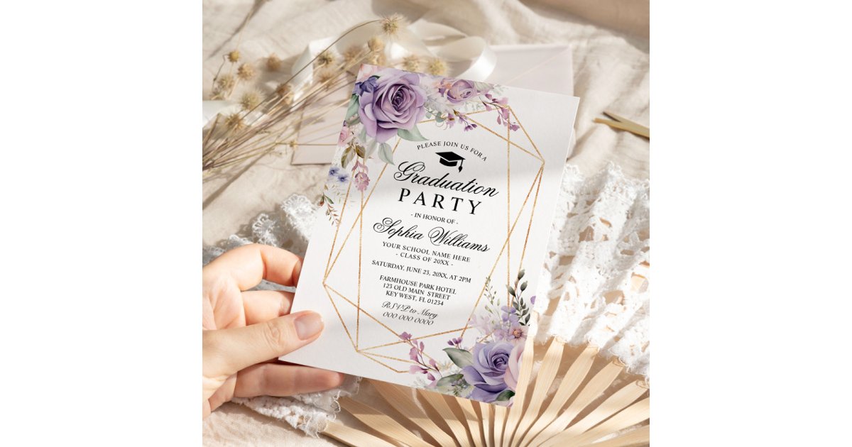 Purple & Blush Rose Graduation Party Girly Floral Invitation | Zazzle