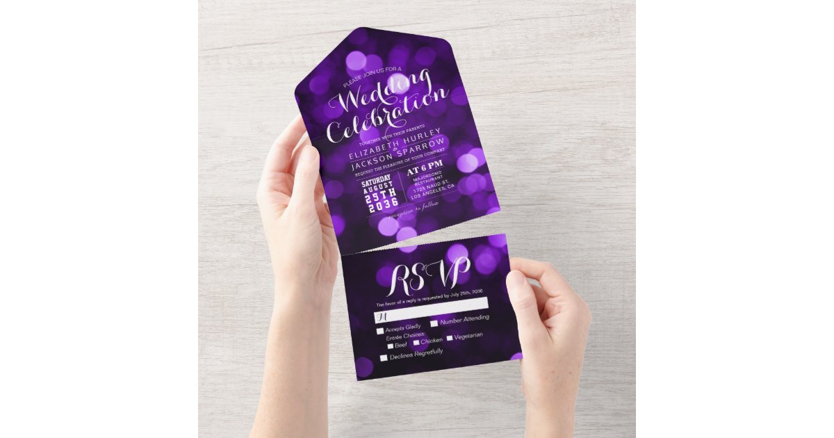 Purple Bokeh Sparkle Glitter Lights Wedding RSVP All In One Invitation ...