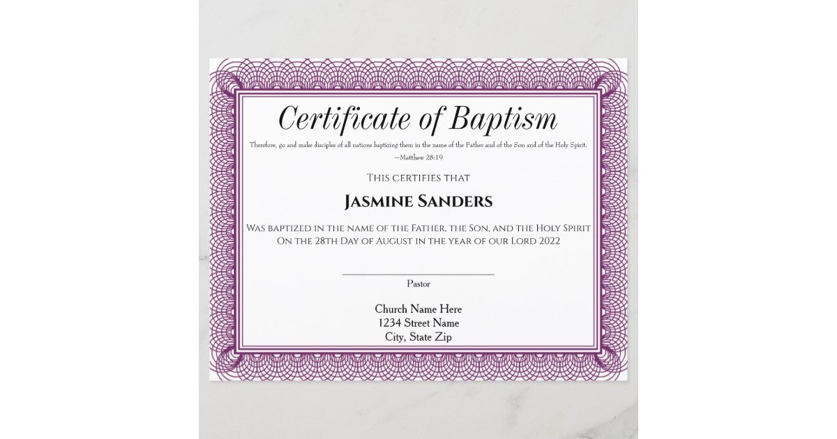 Purple Border Certificate of Baptism | Zazzle