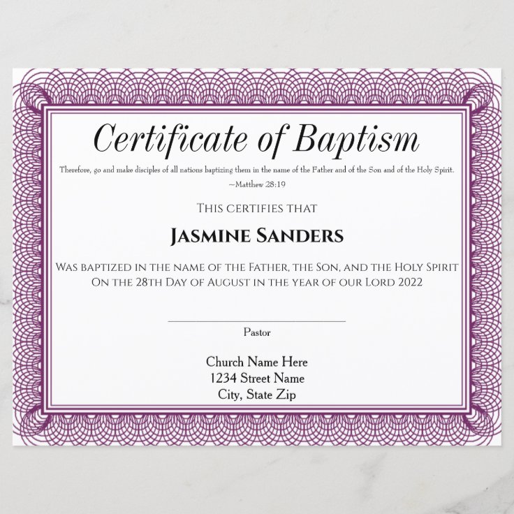 Purple Border Certificate of Baptism | Zazzle