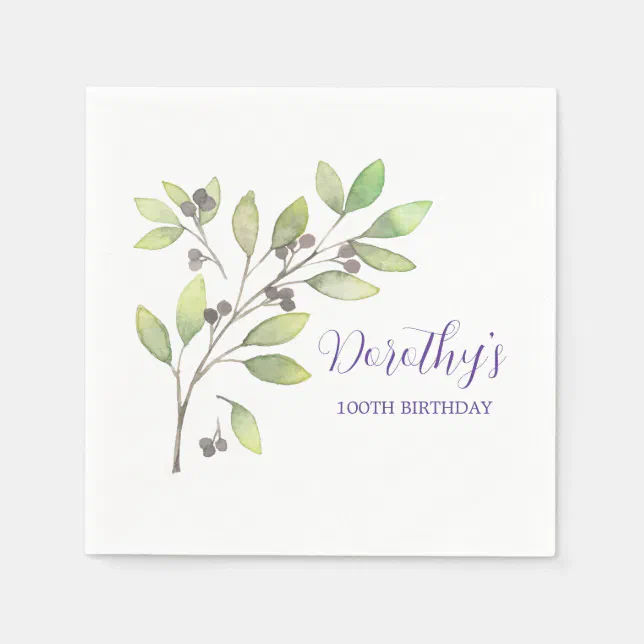 Purple Botanical 100th Birthday Party Napkins | Zazzle