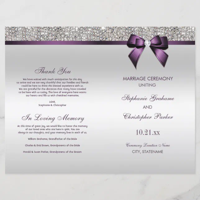 Purple Bow Silver Sequins Wedding Ceremony Program | Zazzle