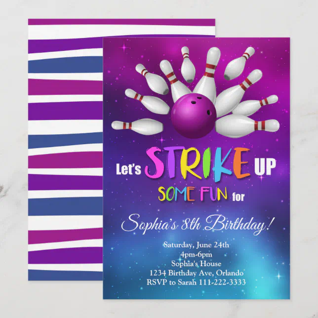 Purple Bowling Strike Up Some Fun Invite | Zazzle